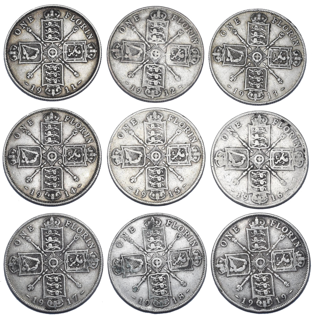 1911 - 1919 Florins Lot (9 Coins) - George V British Silver Coins - Da ...
