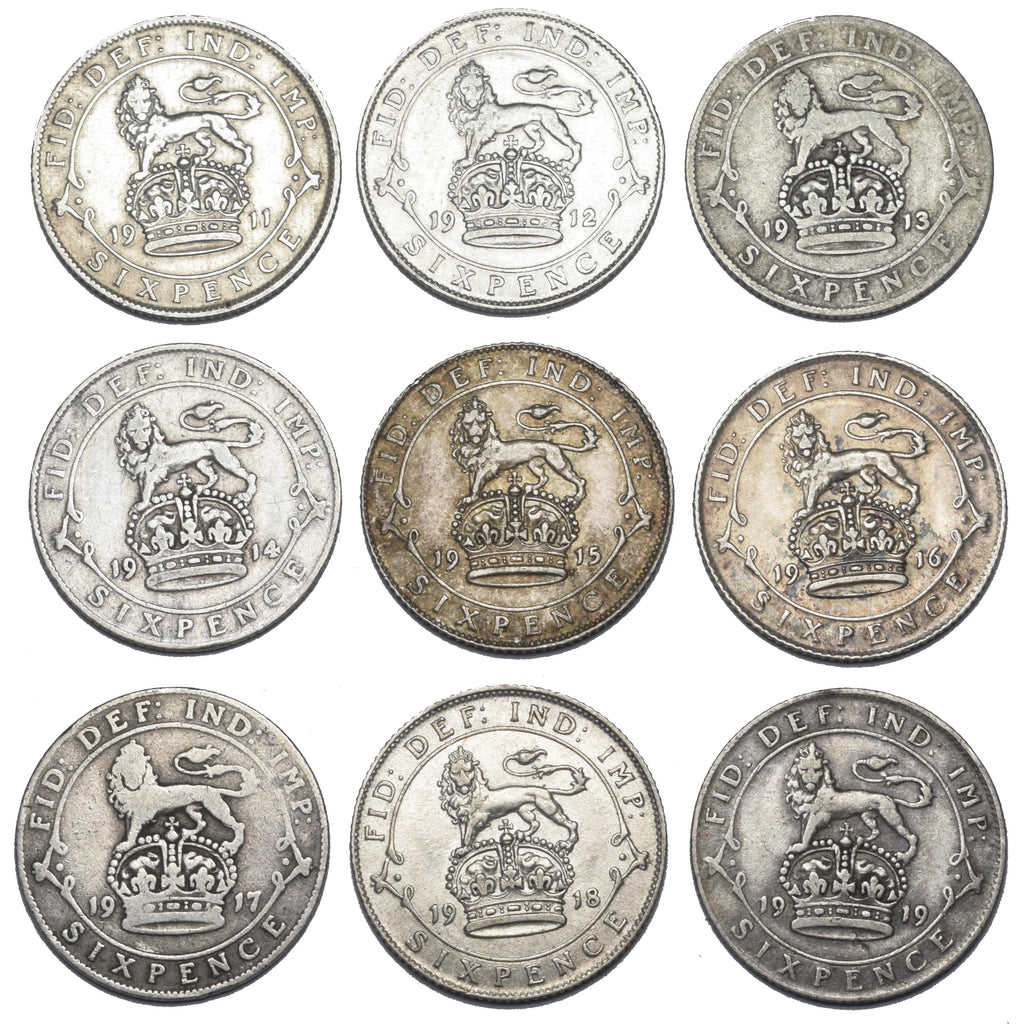 1911 - 1919 Sixpences Lot (9 Coins) - George V British Silver Coins ...