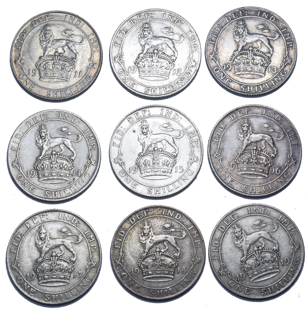 1911 - 1919 Shillings Lot (9 Coins) - George V British Silver Coins ...